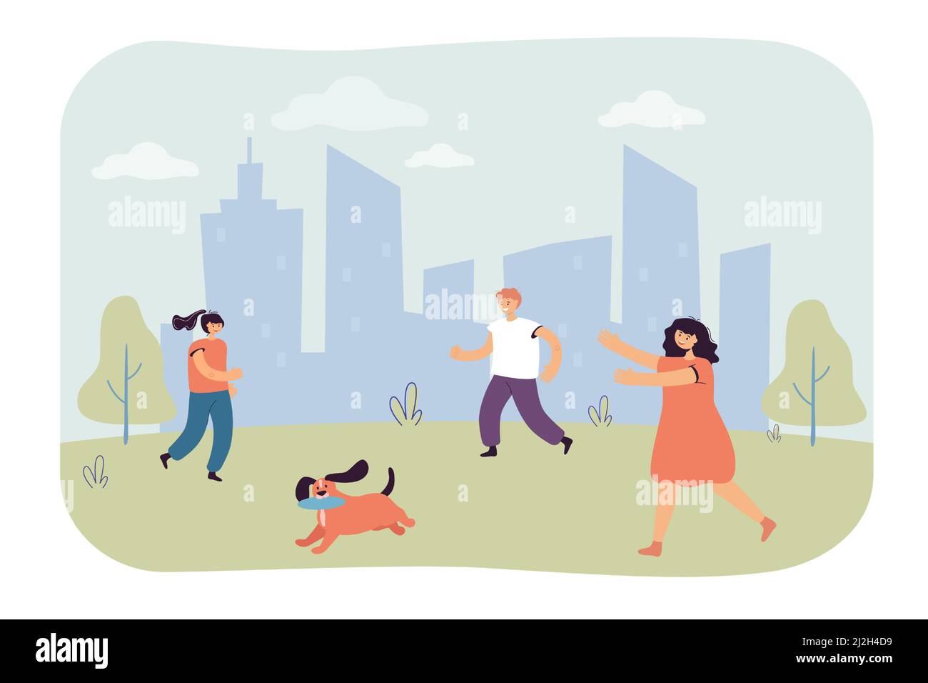 Cartoon children running after dog with flying disk in mouth. Kids ...