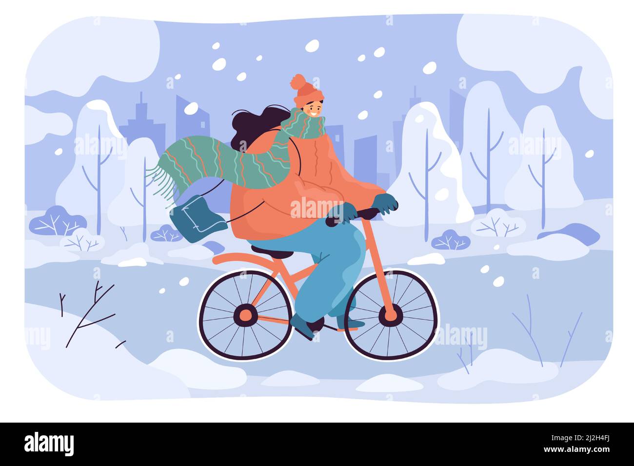 Cartoon girl riding bicycle on snowy road in city. Female cyclist on ...