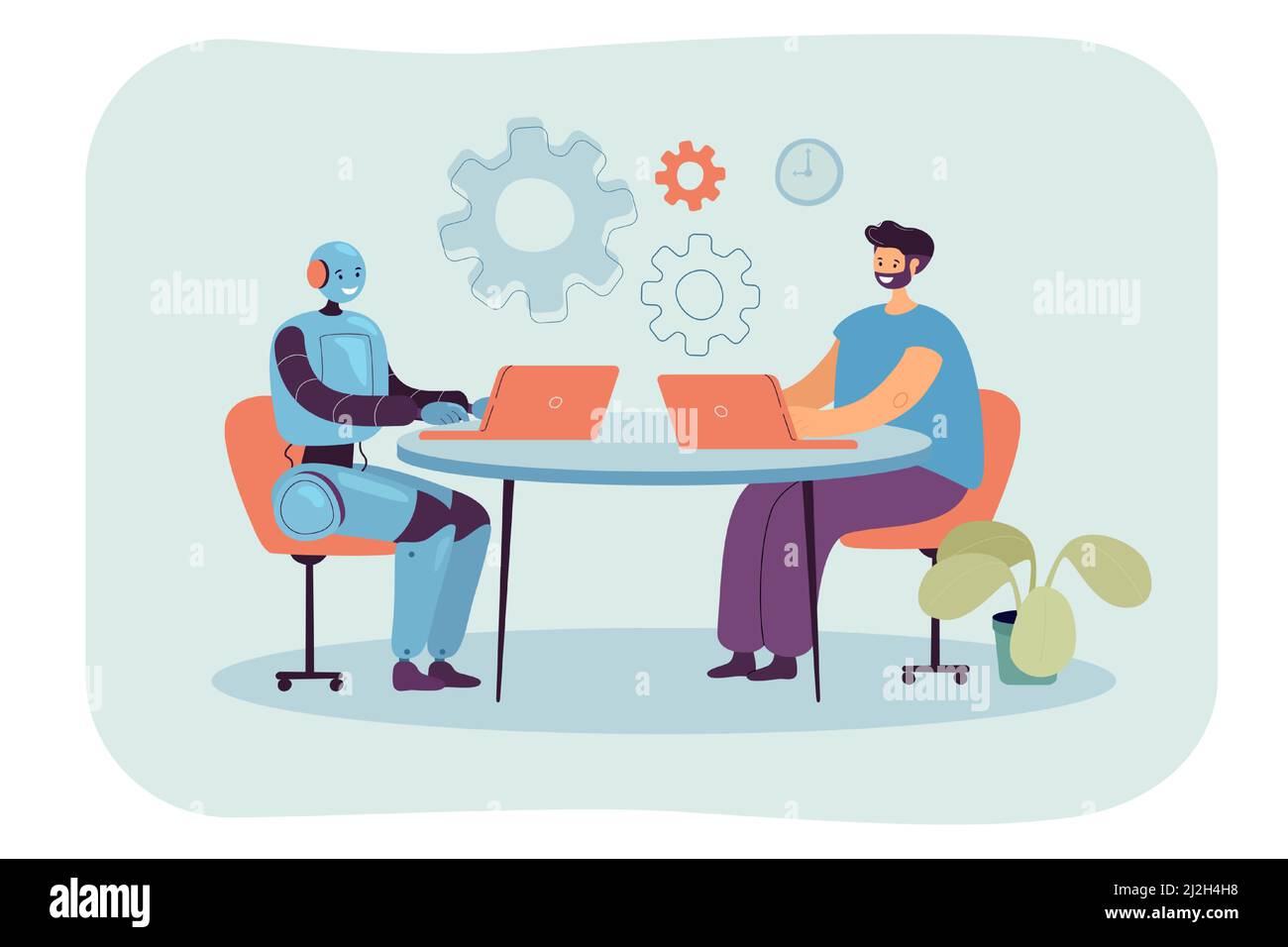 Cartoon man and robot sitting at laptops in workplace together. Male ...