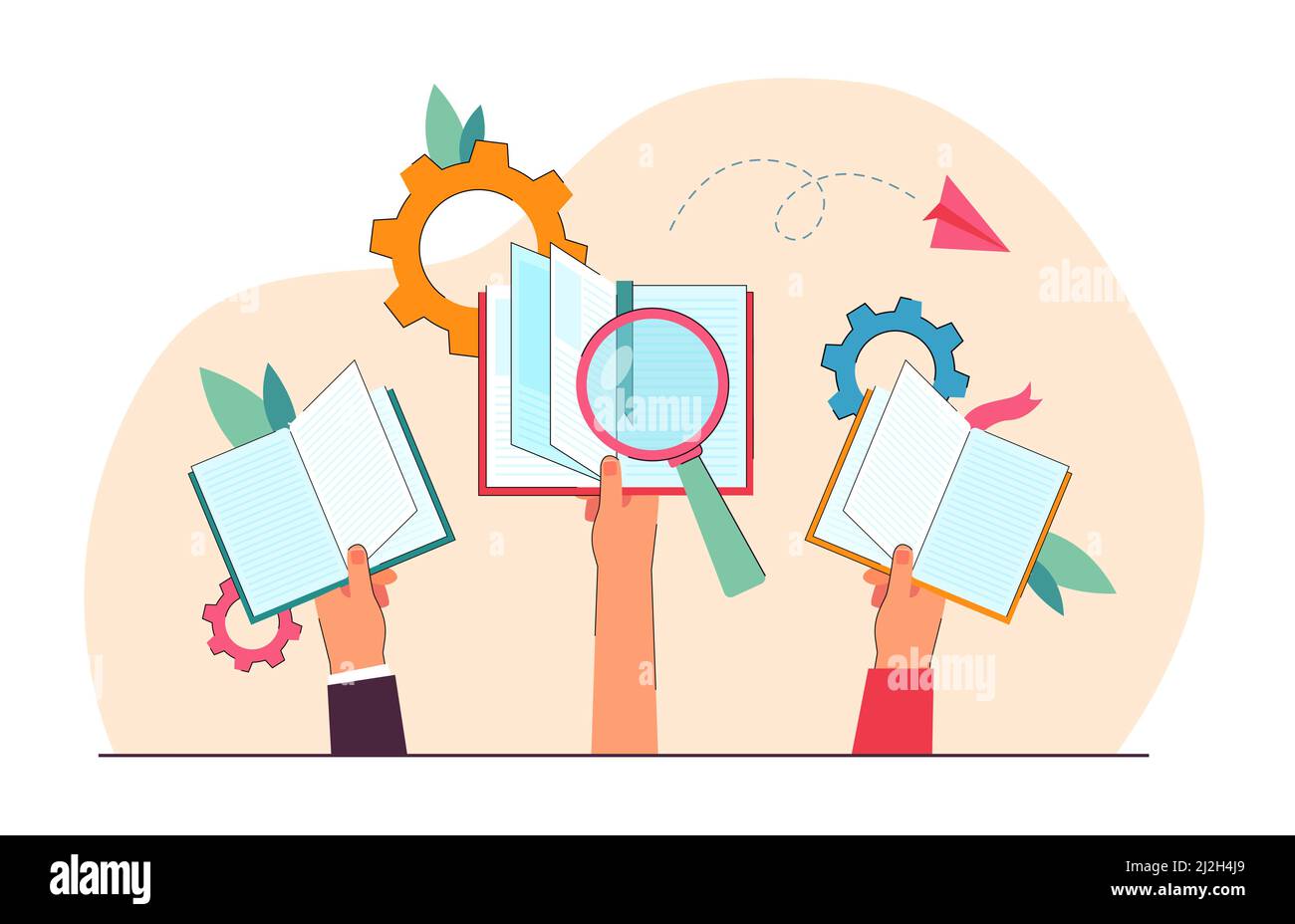 Cartoon hands holding open books. Flat vector illustration. Magnifier ...