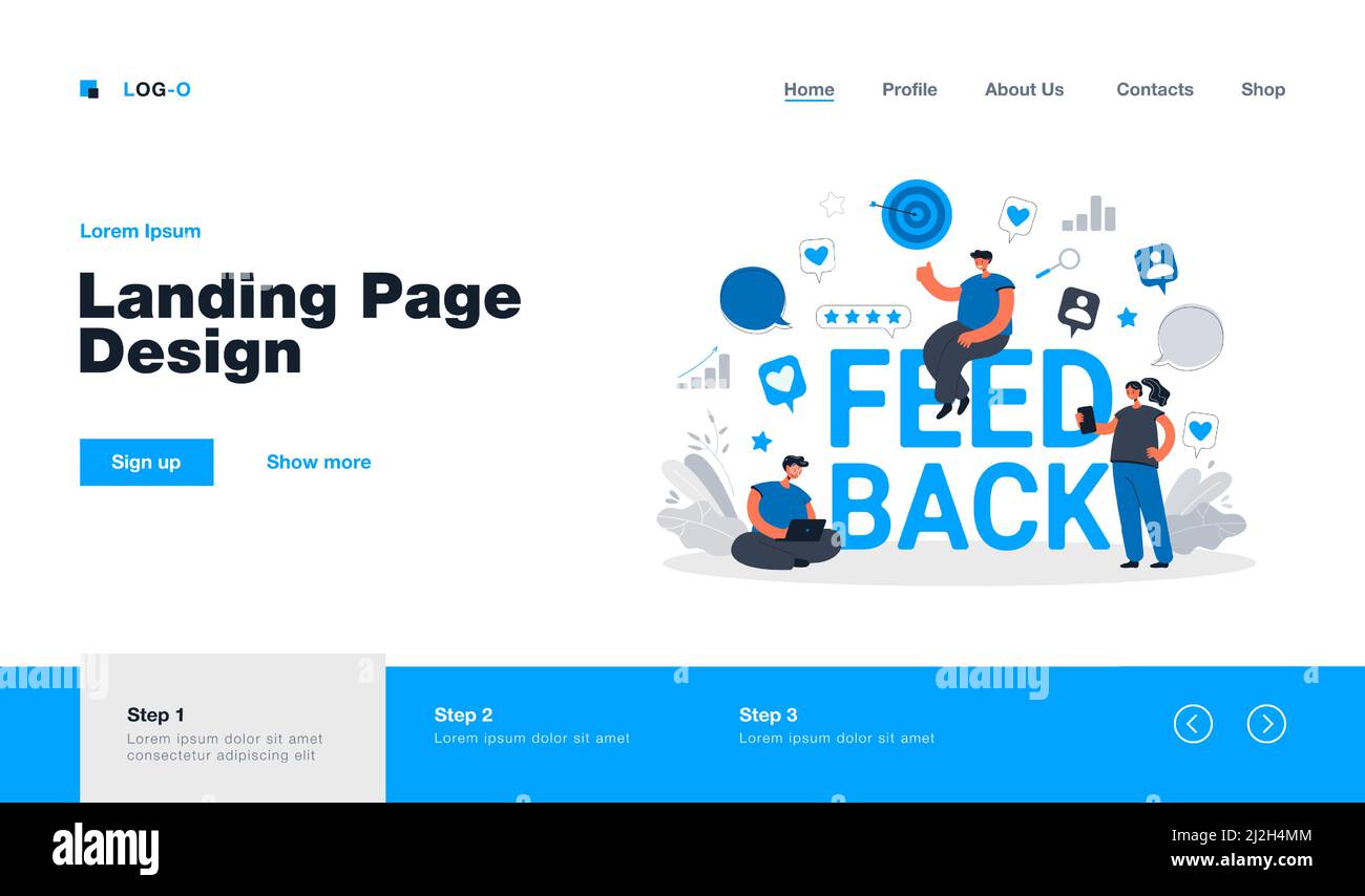 Cartoon tiny people getting or giving feedback online. Flat vector ...