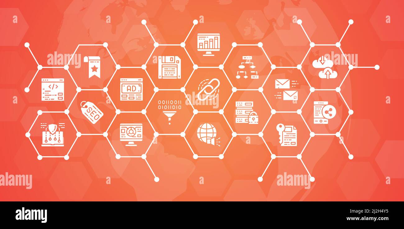 SEO infographic banner with icon elements. Bookmark, Hosting, Hyperlink ...