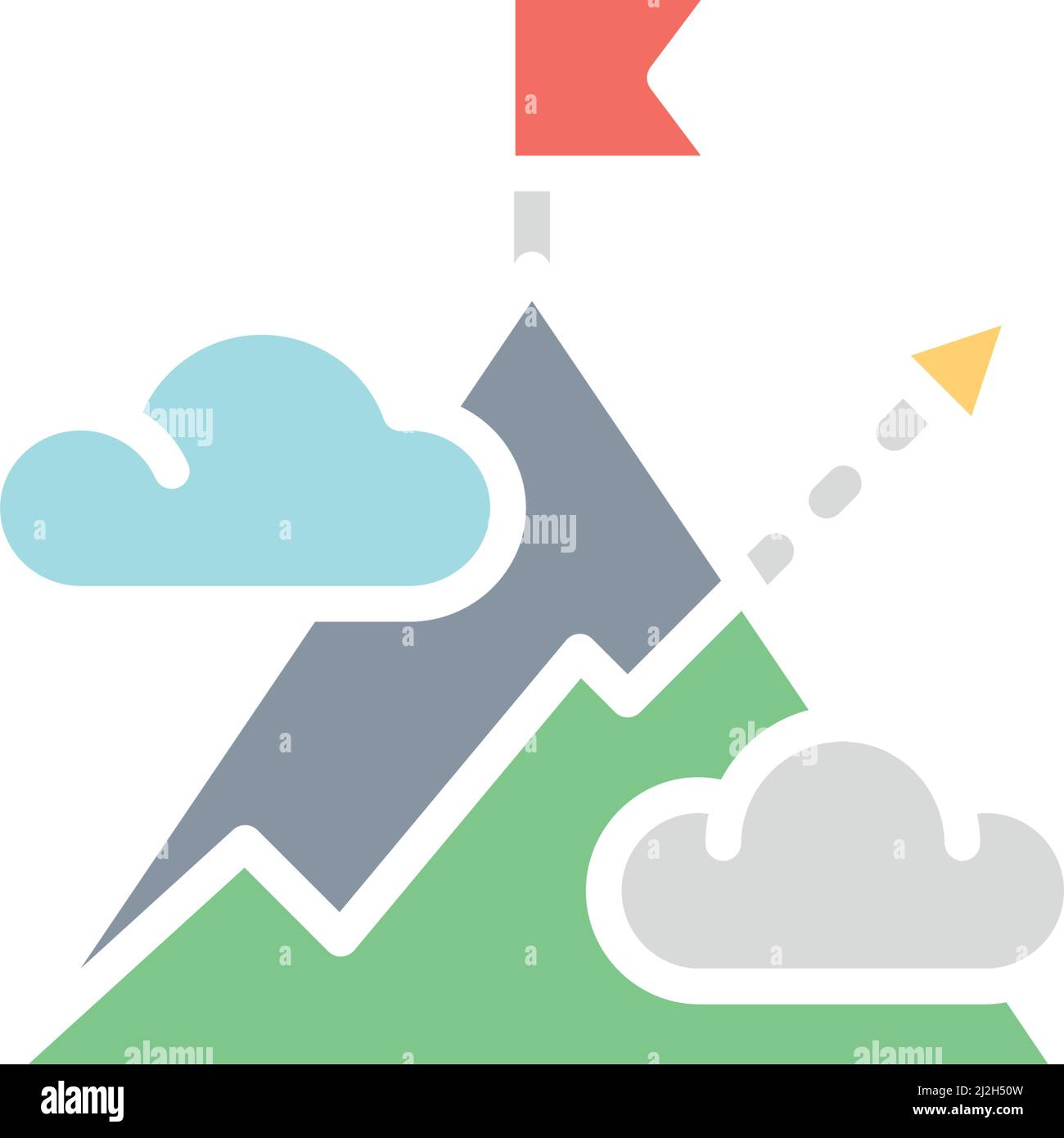 Vector mountain with arrow, target, goal white line icon. Symbol and ...