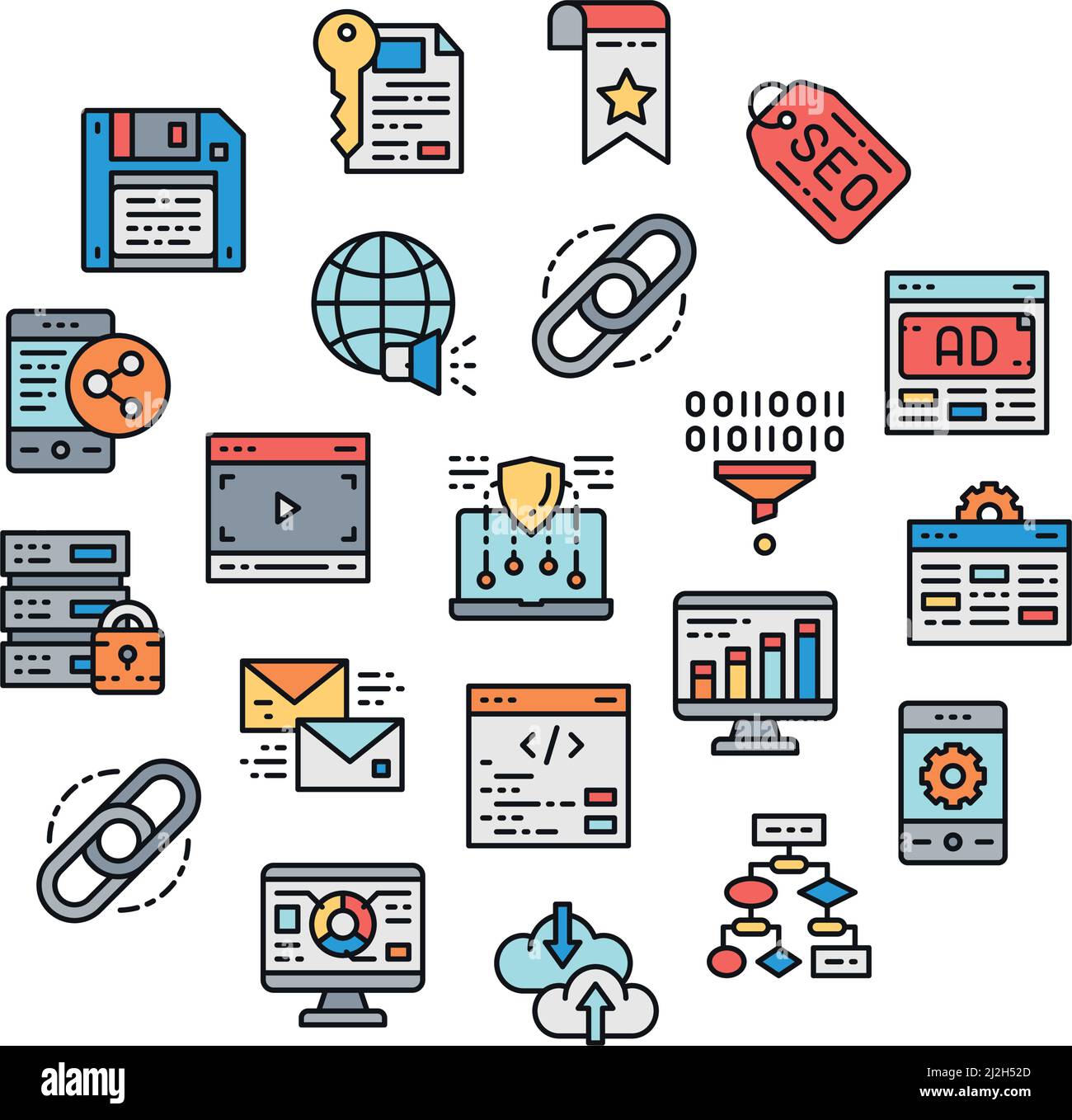 SEO icons set. Bookmark, Hosting, Hyperlink, Advertisement, Data ...