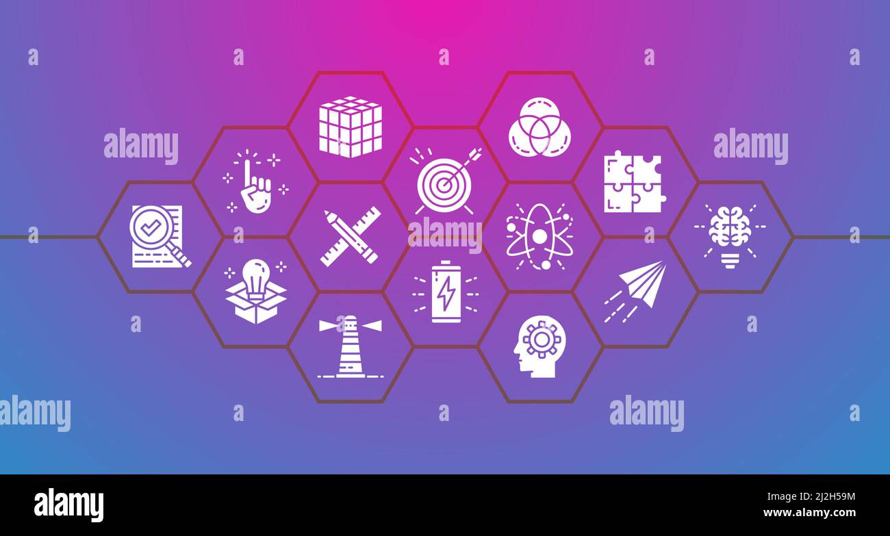 Creative banner with outline icons. Innovation, startup, artwork ...