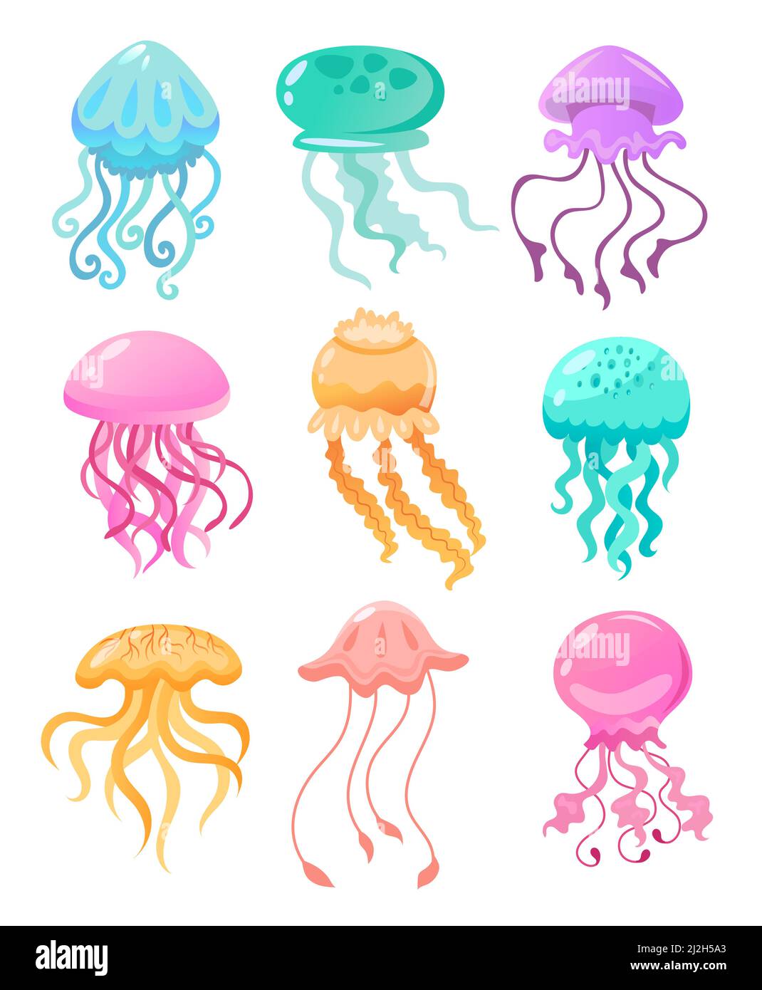 Colorful jellyfish of different shapes vector illustration set. Cute ...