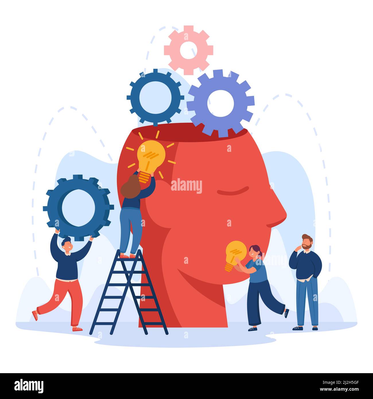 Creative characters putting idea bulbs into huge head. Office people ...