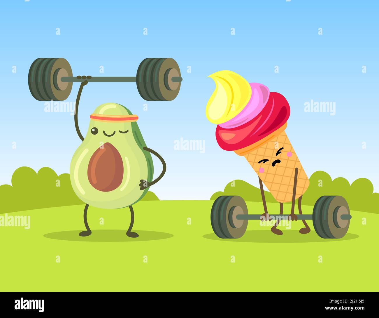 Cute avocado and ice cream characters exercising with dumbbells. Sad ...