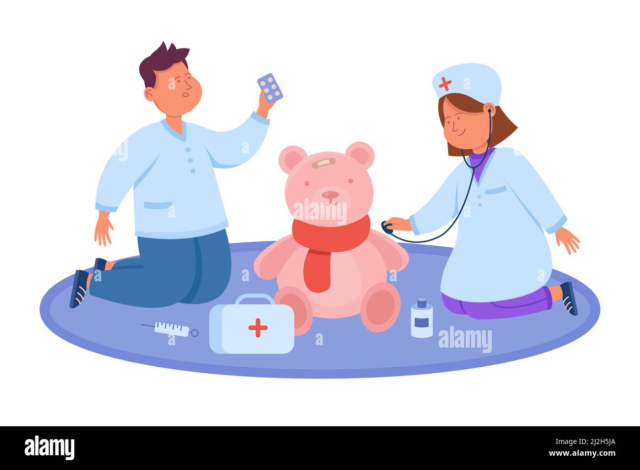 Cute cartoon boy and girl playing doctors. Flat vector illustration ...