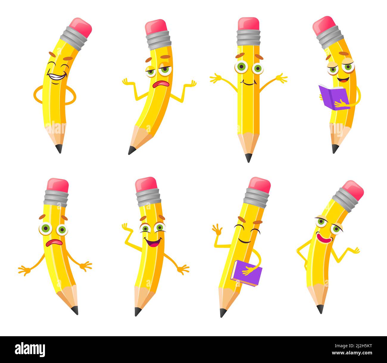Cute pencil cartoon character vector illustrations set. Funny and happy ...