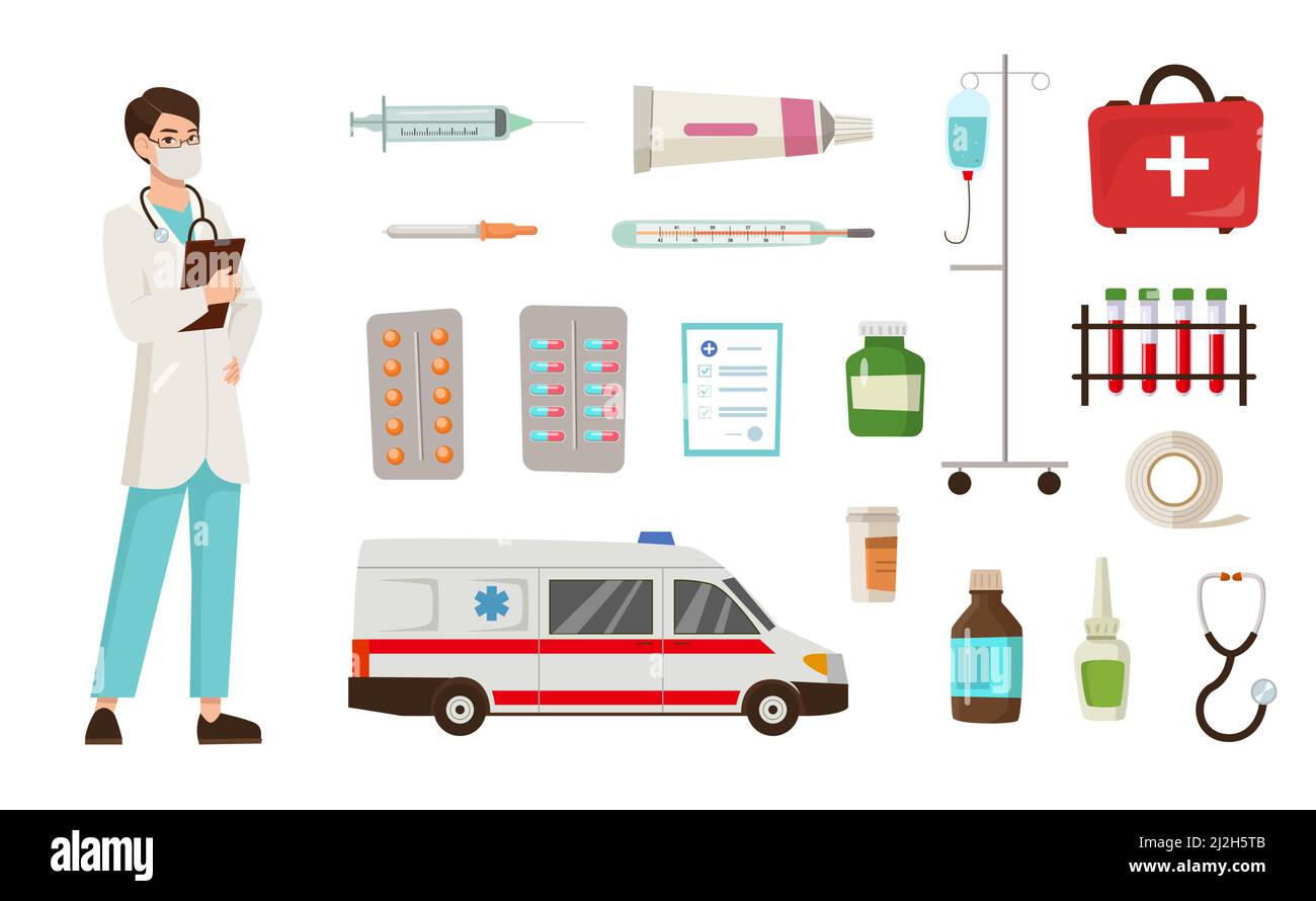Doctor cartoon character and equipment vector illustrations set ...
