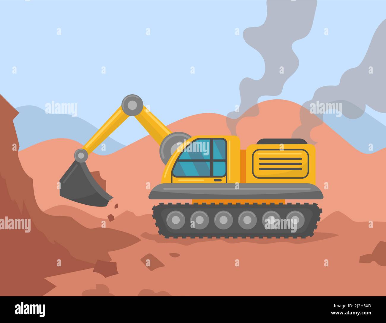 Excavator digging ground on construction site illustration. Heavy ...