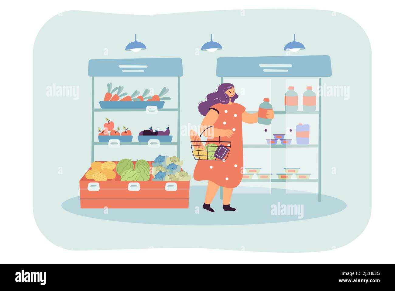 Female cartoon customer choosing goods in supermarket. Fruit and ...