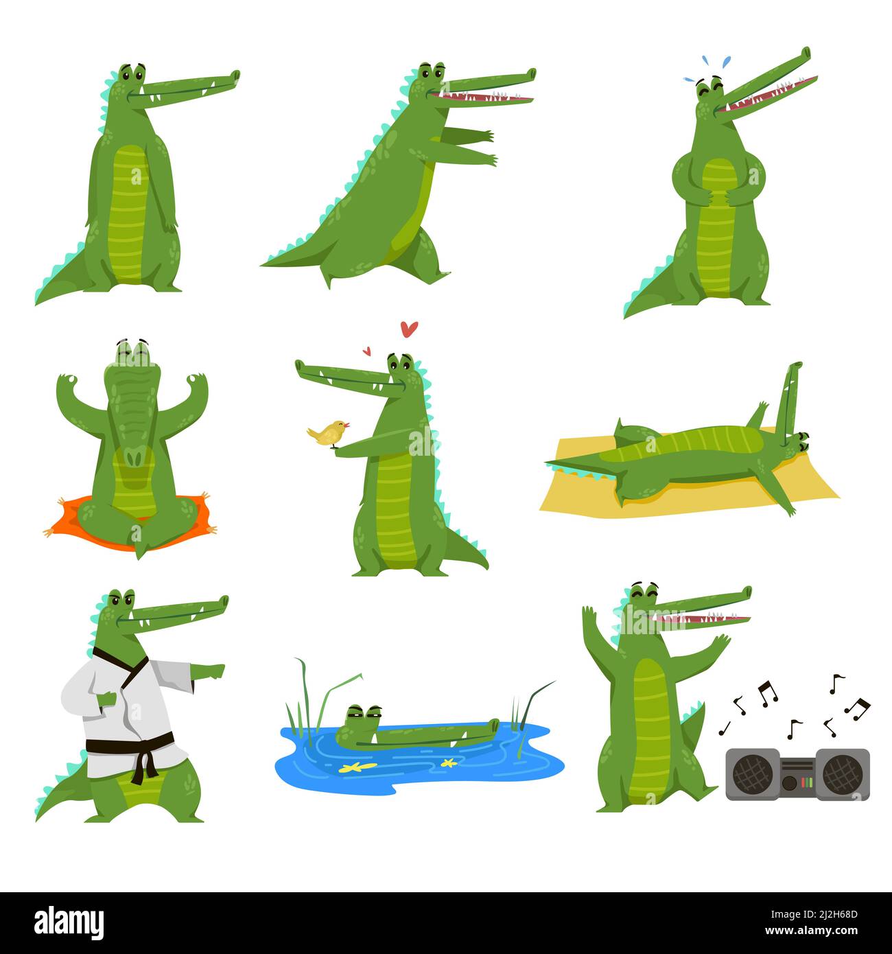 Funny alligator cartoon character vector illustration set. Drawings of ...