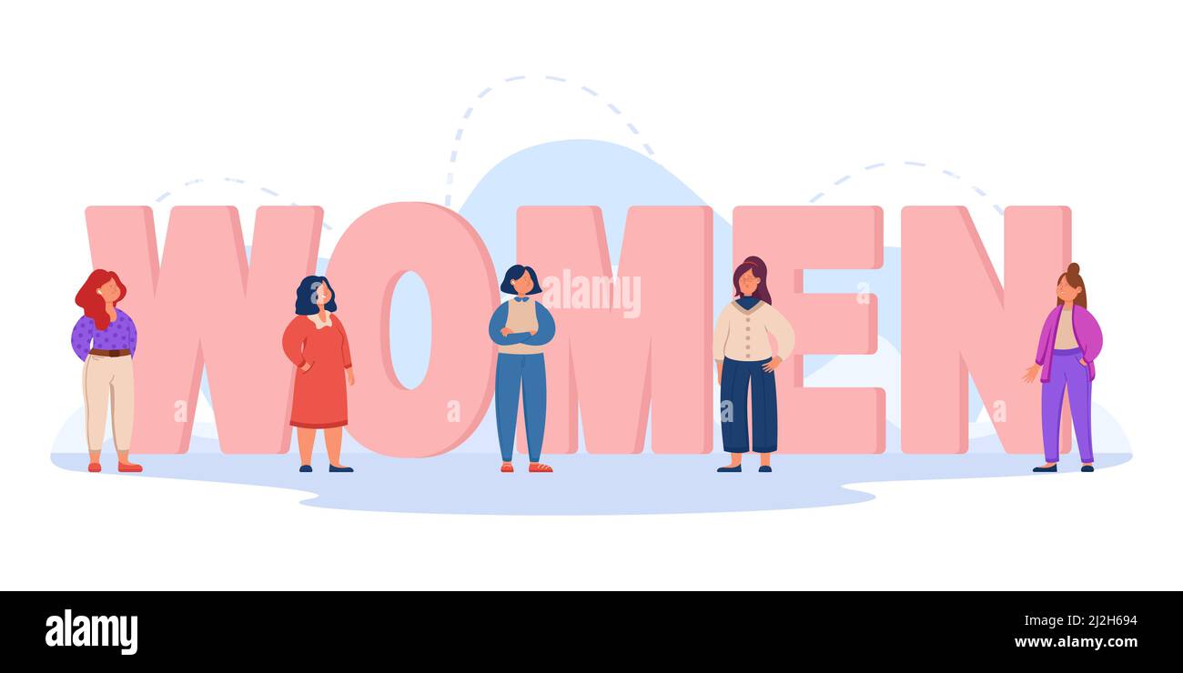 Giant letters of word Women with tiny girls nearby. Flat vector ...
