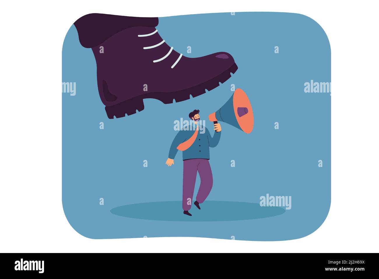 Giant boot stepping on tiny worker holding megaphone. Flat vector ...