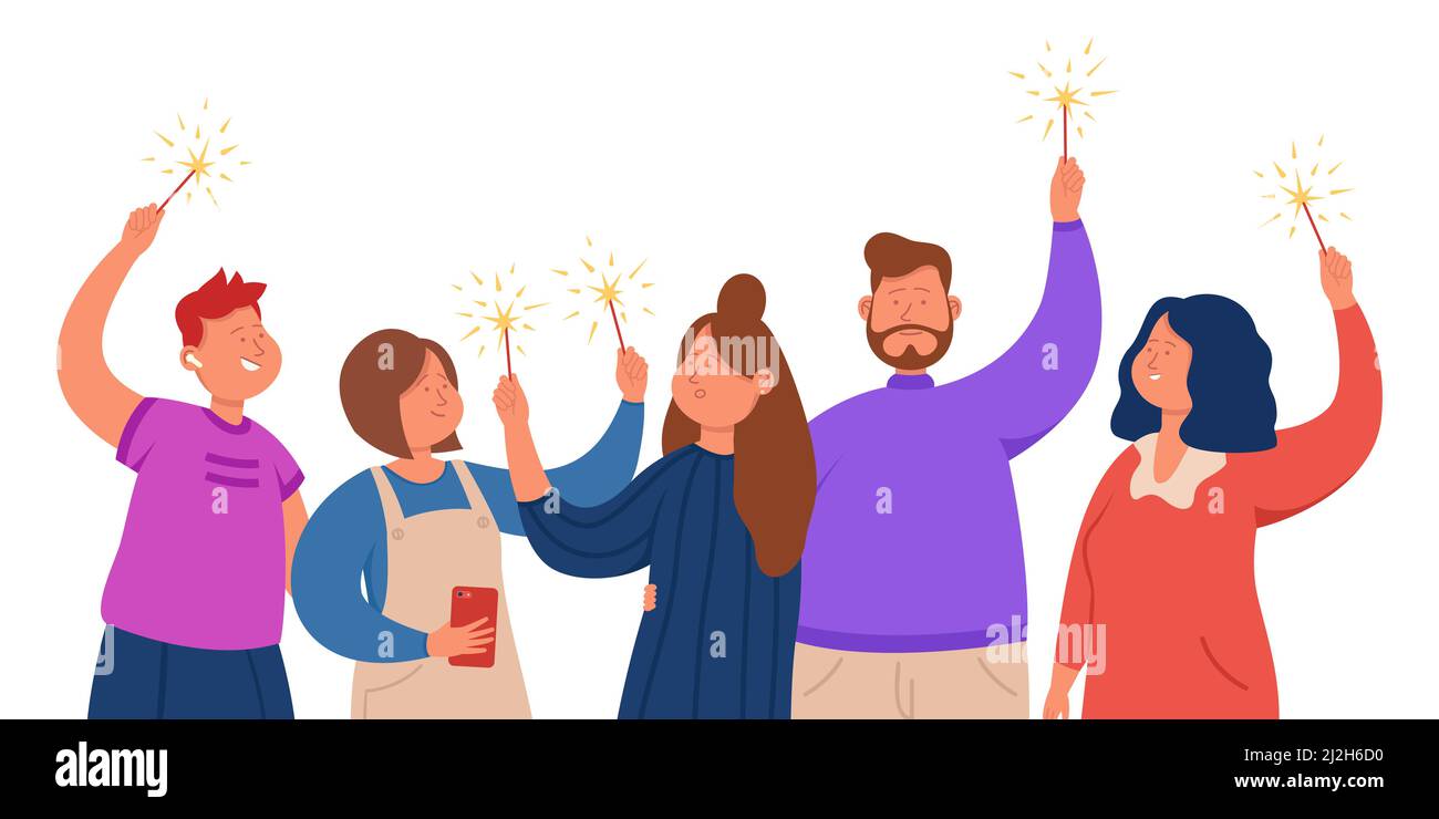 Group of happy friends standing with sparklers in hands. Office team ...