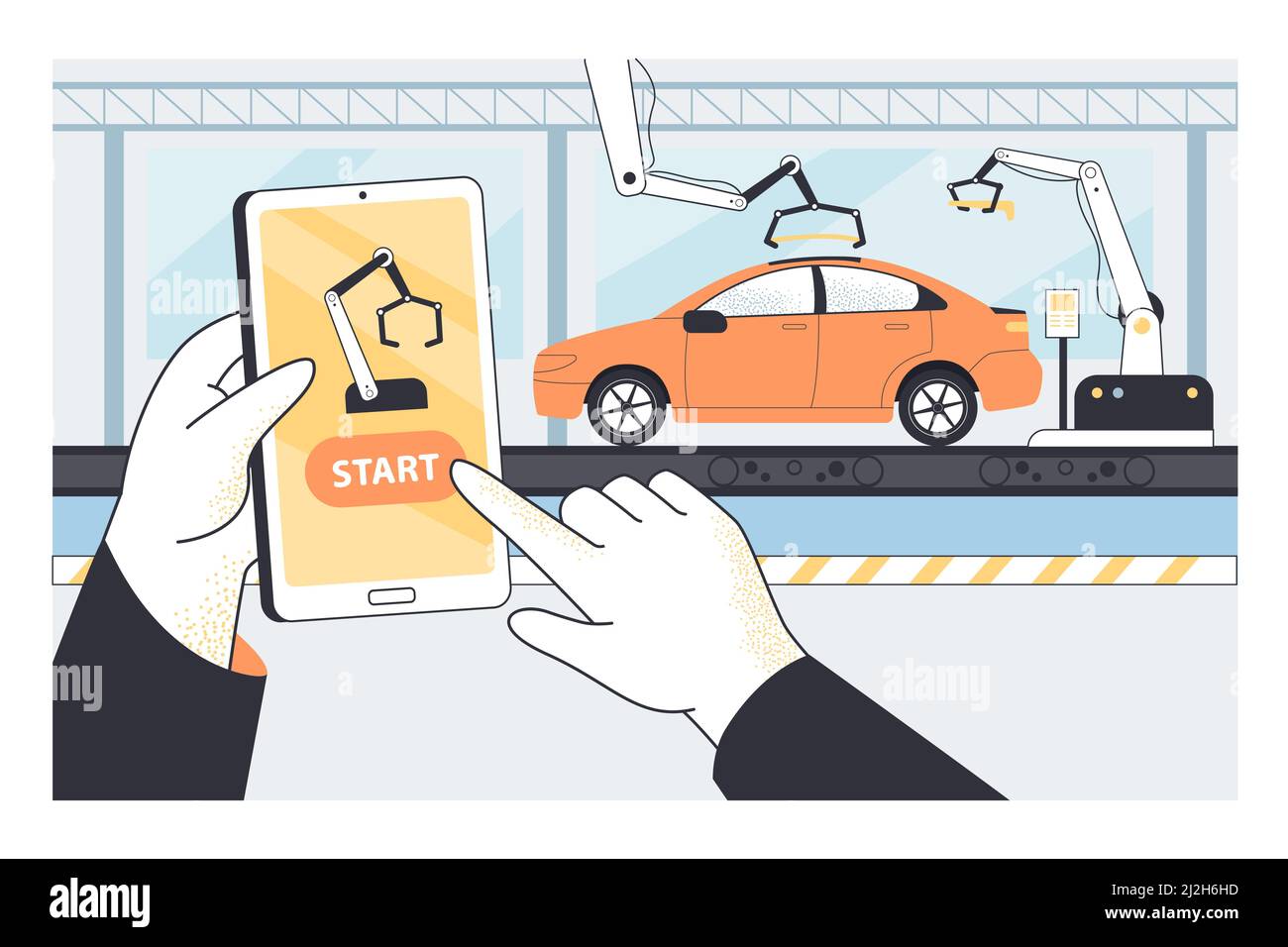 Hand holding phone and using app for remote control of machine ...