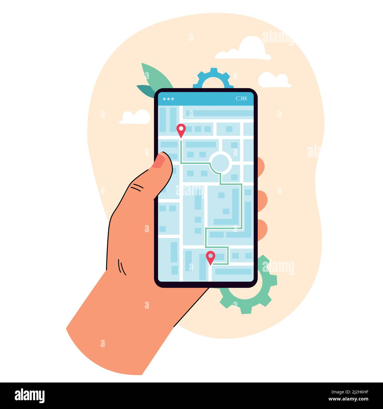 Hand of cartoon person holding cell phone with map application. Online ...