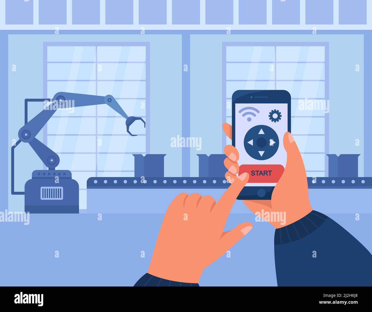 Hands Holding Smartphone And Managing Conveyor Through App Engineer