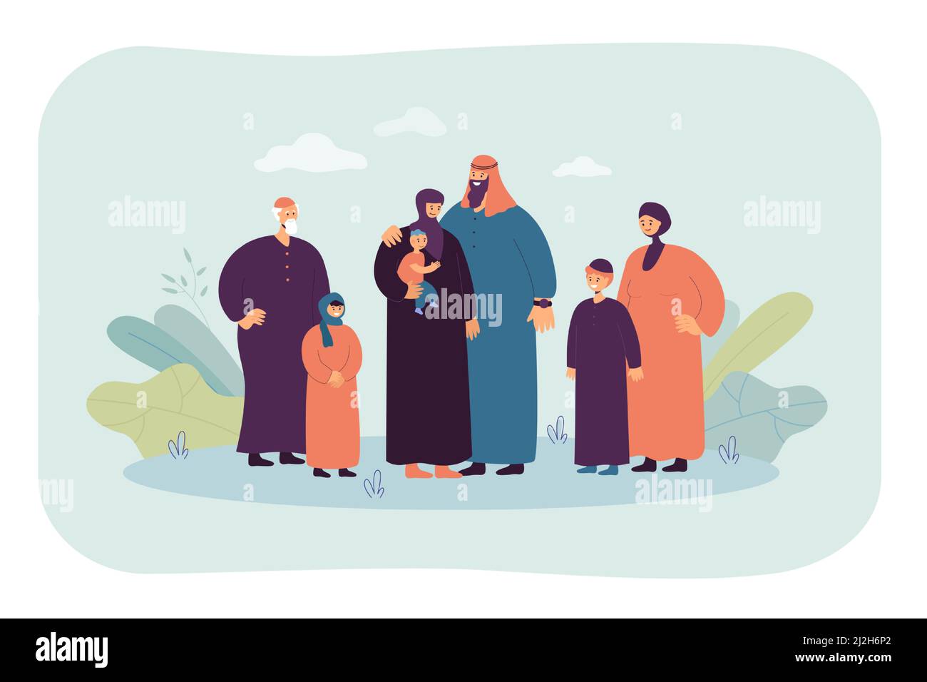 Happy cartoon muslim family. Flat vector illustration. Husband, wife ...