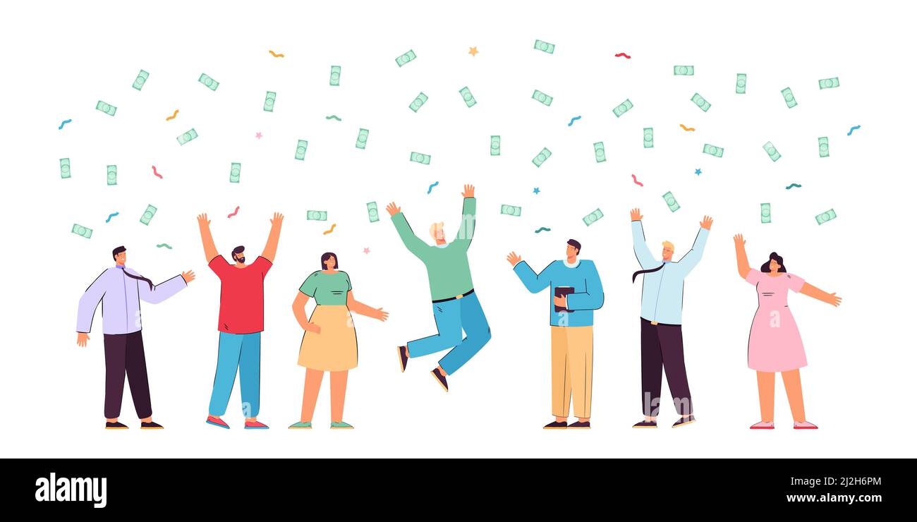Happy business team rejoicing with money falling from above. Flat ...