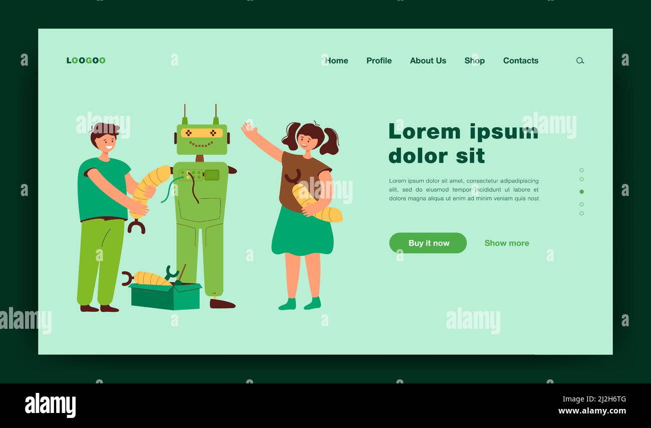 Happy children making robot for school project flat vector illustration ...