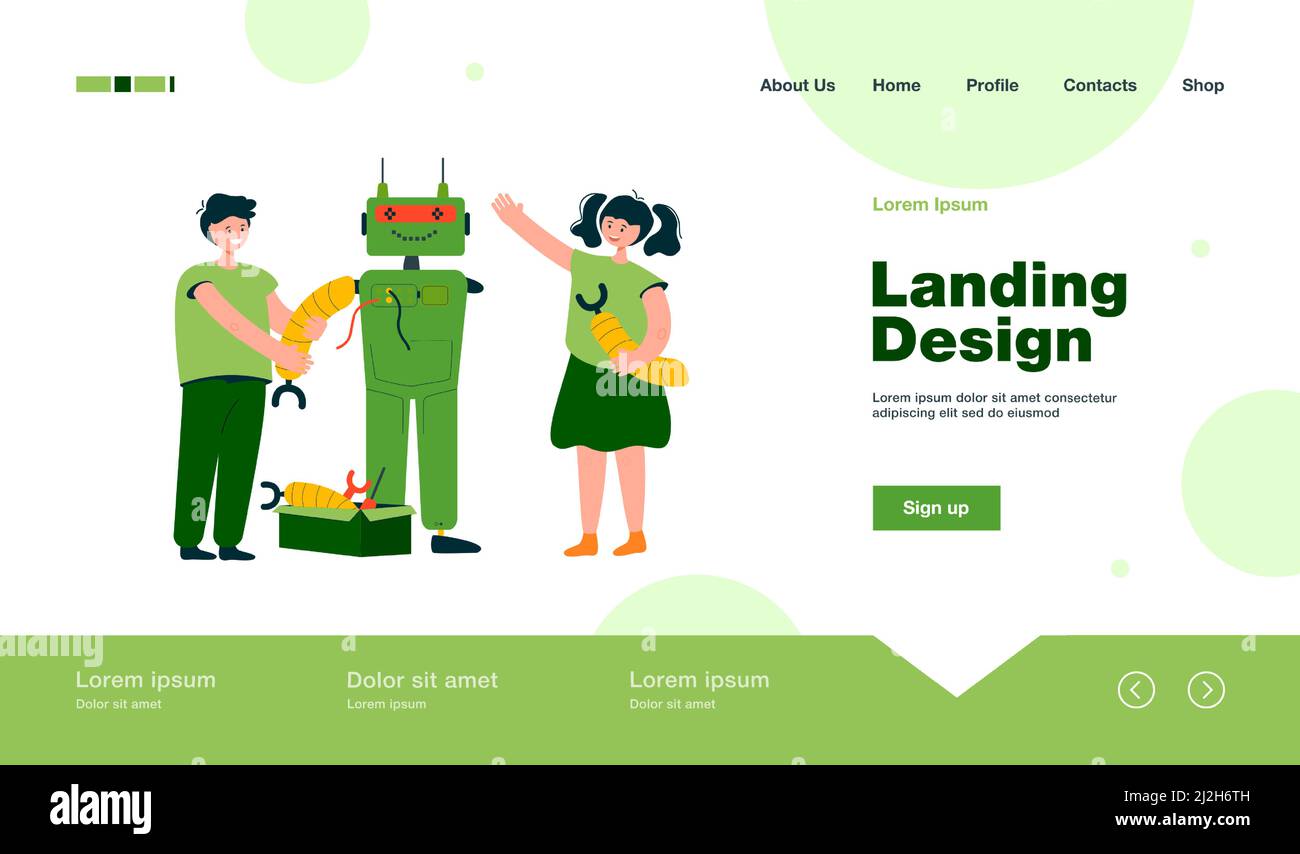 Happy children making robot for school project flat vector illustration ...