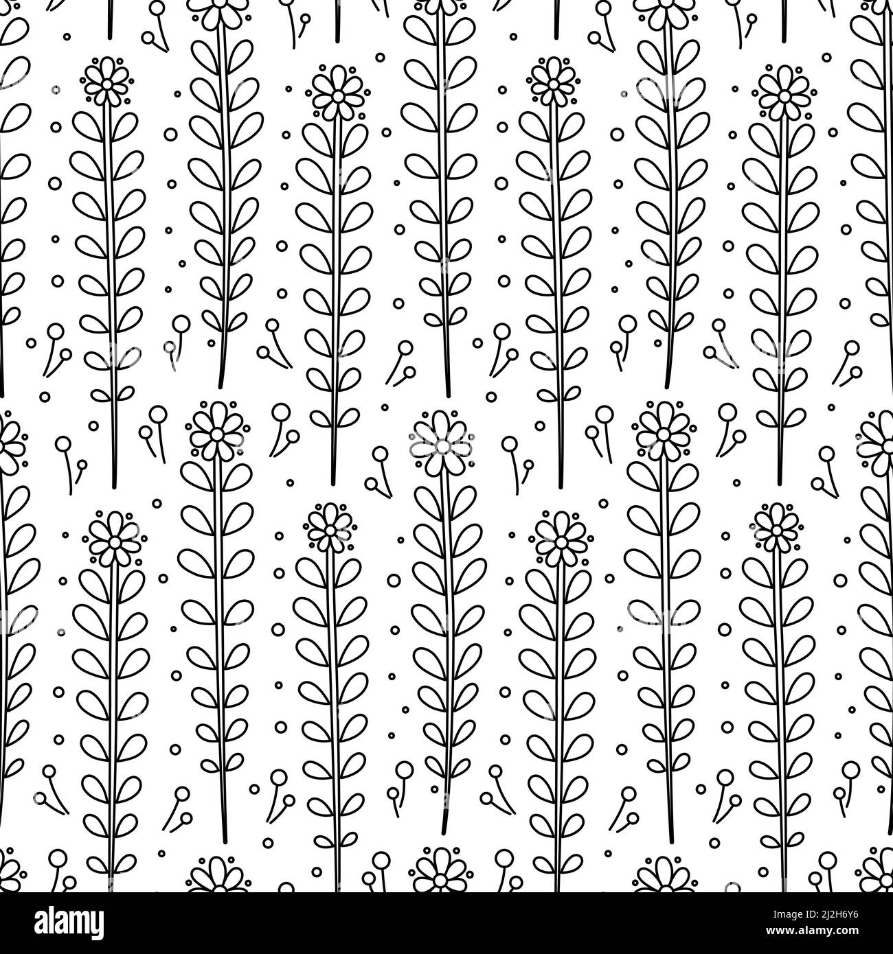 Black And White Hand Drawn Daisies Ditsy Vector Seamless Pattern Stock