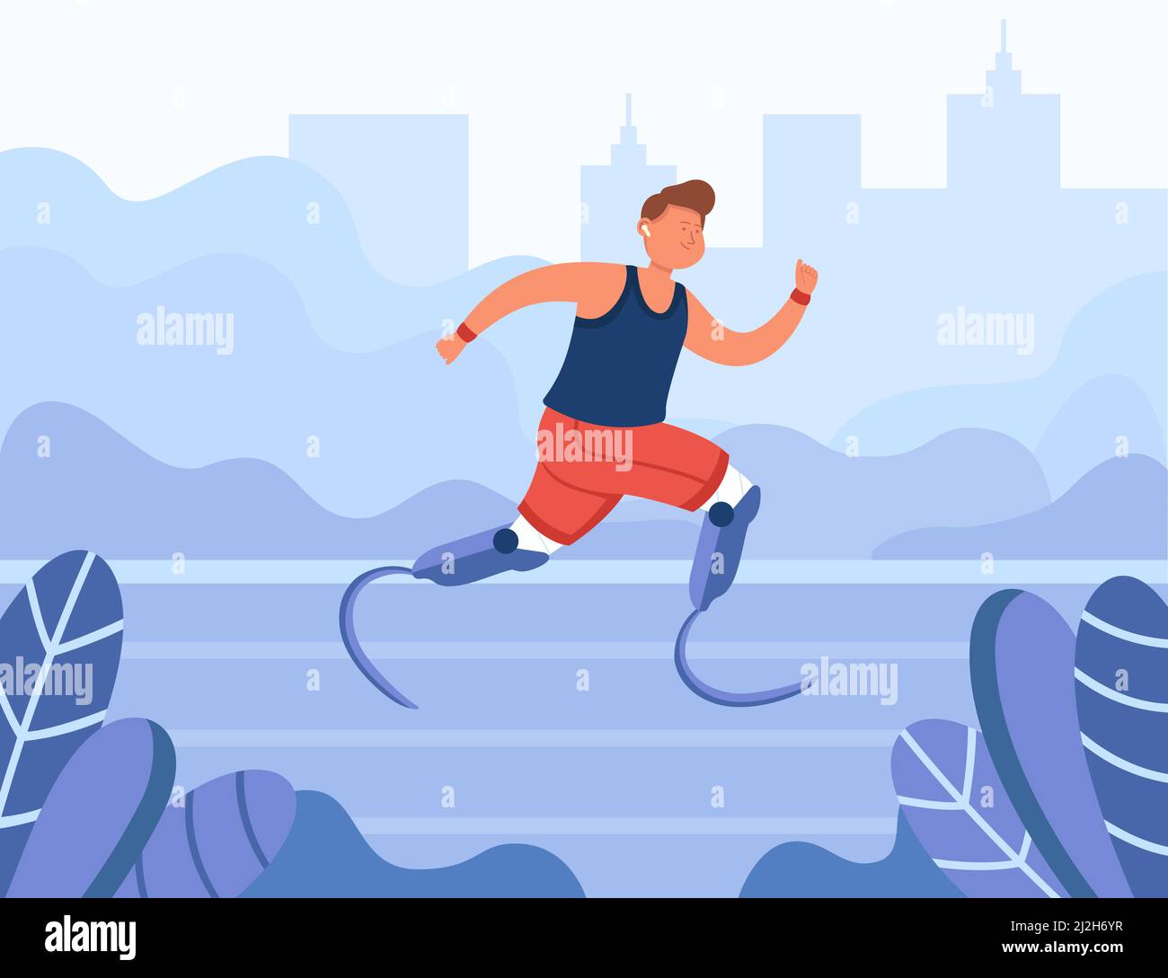 Happy disabled athlete running in park. Runner with prosthetic legs ...