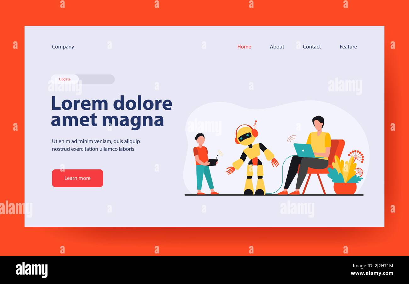 Happy father and son playing with robot. Laptop, kid, cyborg flat ...