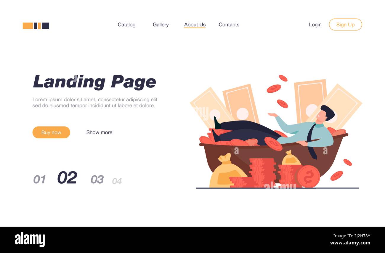 Happy millionaire taking bath with cash. Rich man and huge heap of ...