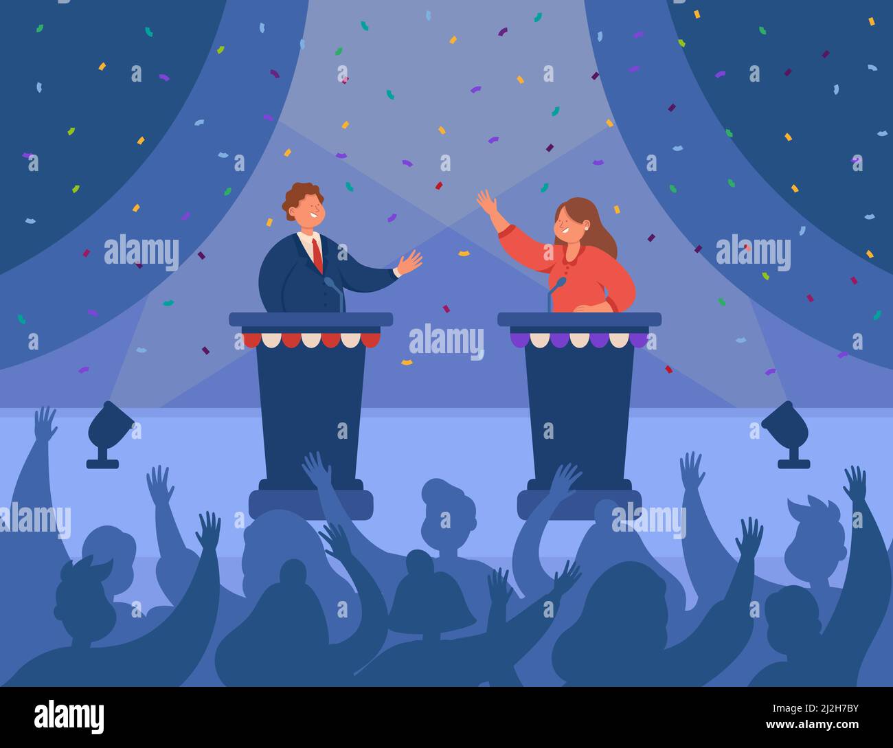 Happy male and female politicians greeting each other on stage ...