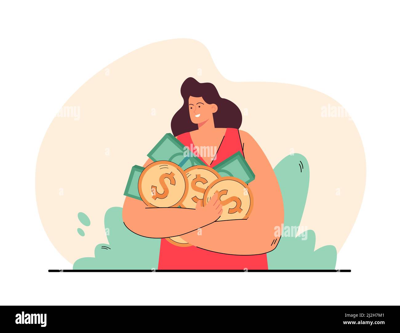 Happy woman holding coins and banknotes in hands. Cartoon female person ...
