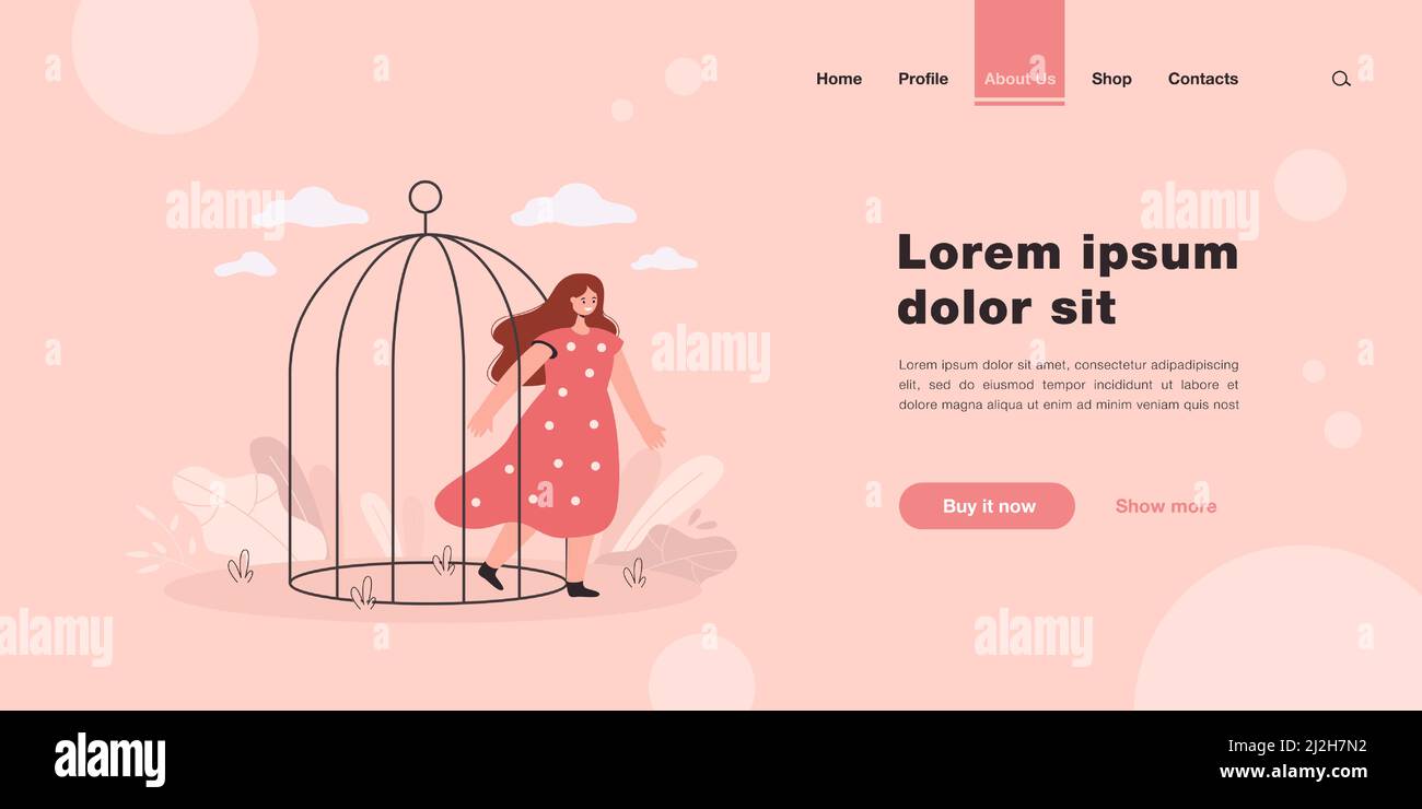 Happy woman leaving birdcage. Female cartoon coming out of cage ...