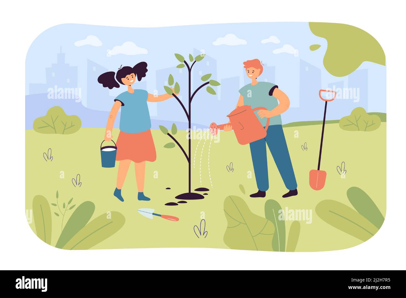 Kids planting tree in garden or park. Happy cartoon characters ...