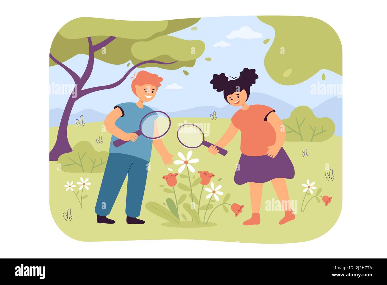 Little cartoon children playing biologists with magnifying glass. Flat ...