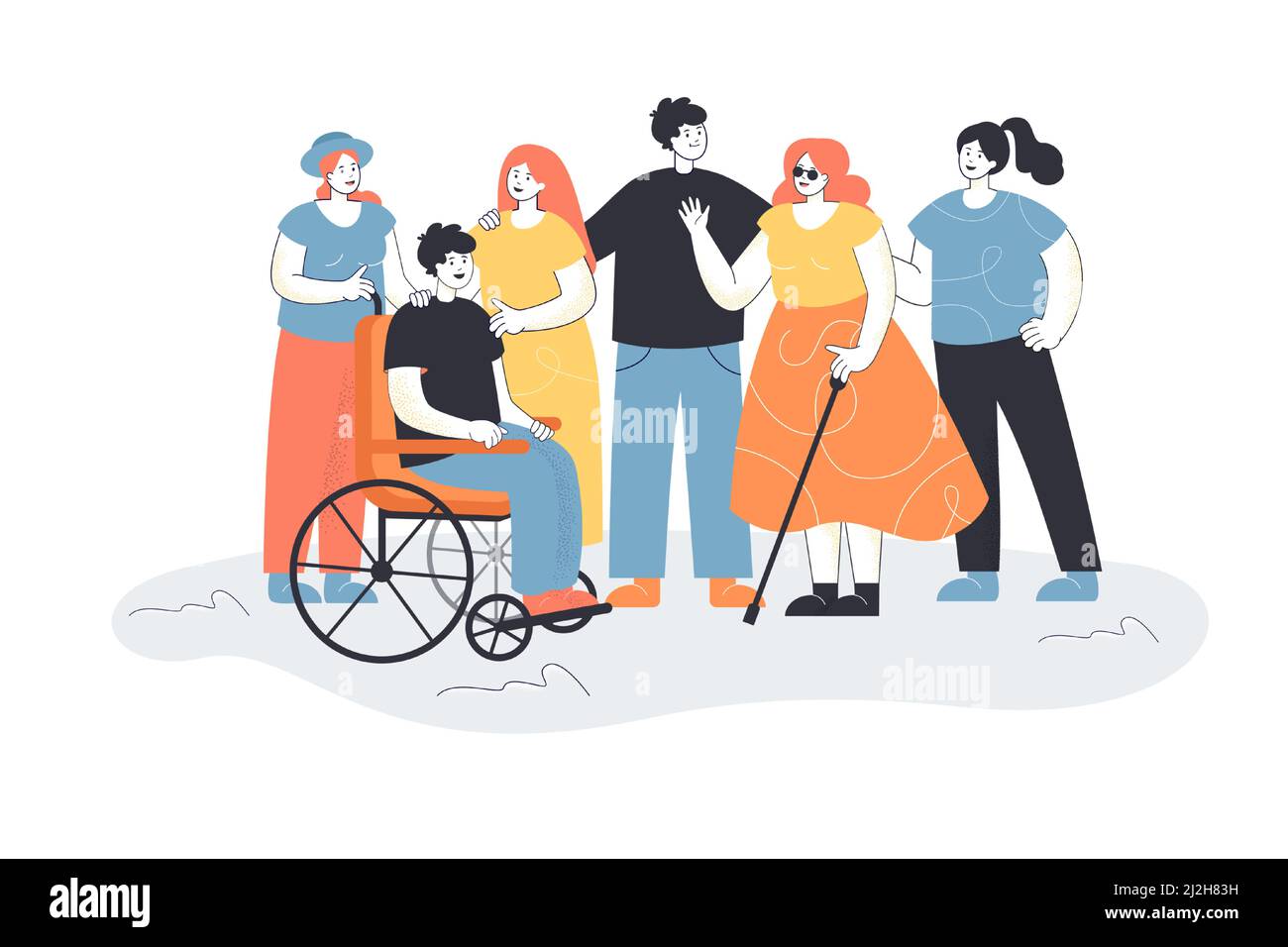 Men and women welcoming people with disabilities. Group of people ...