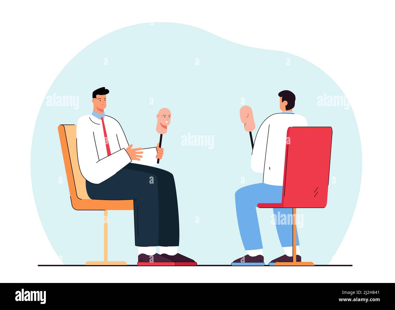 Men with masks sitting opposite each other. Flat vector illustration ...