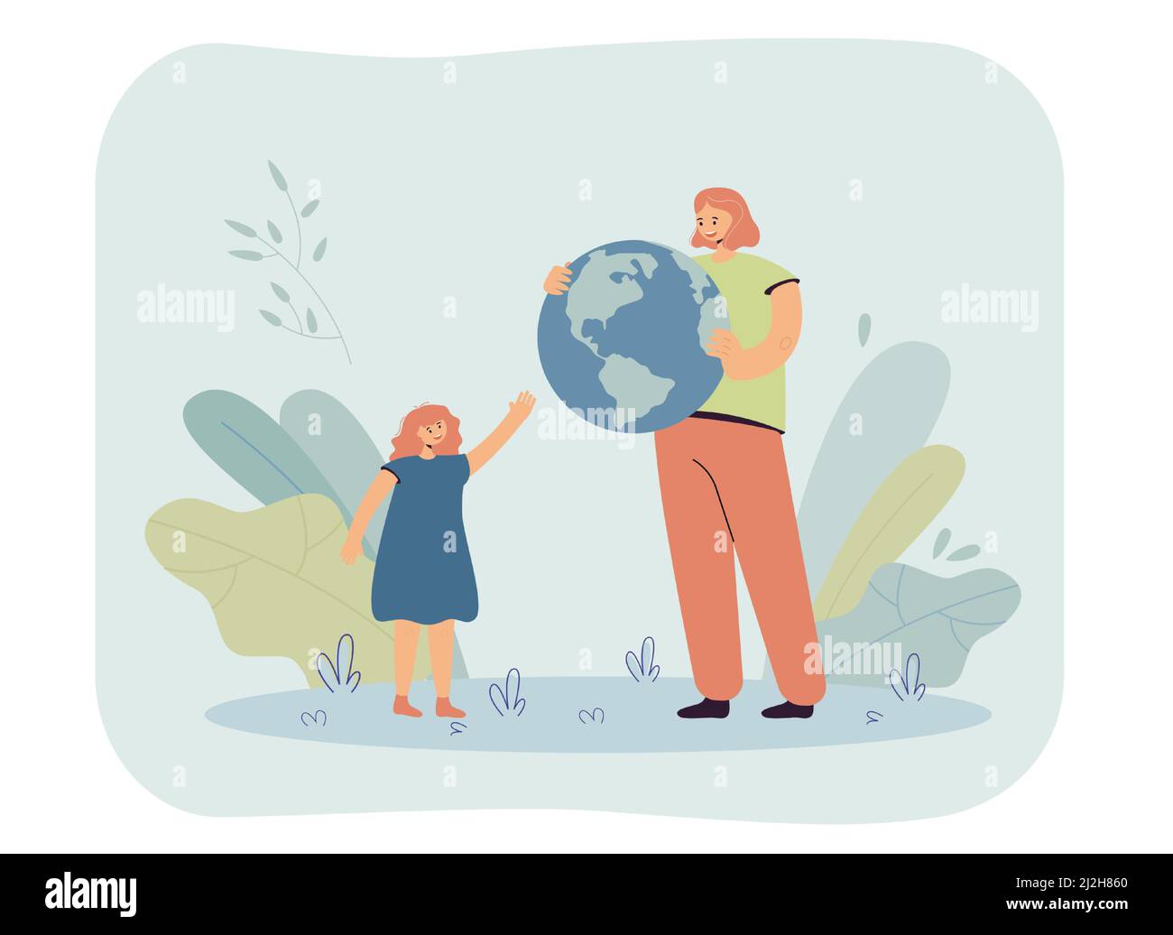 Mother giving globe to daughter. Female characters holding blue planet ...