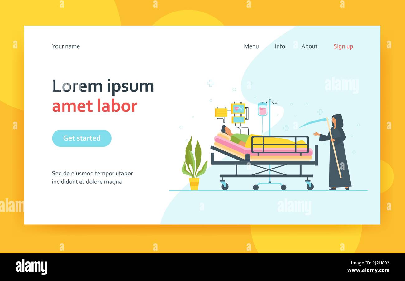 Patient dying in intensive care unit. Scythe of death, life support ...