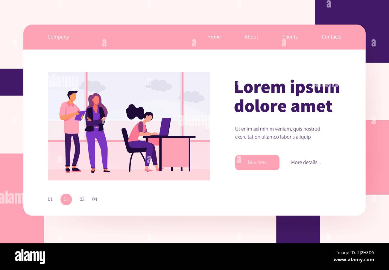 People standing in line to use laptop computer. Window, desk, job flat ...