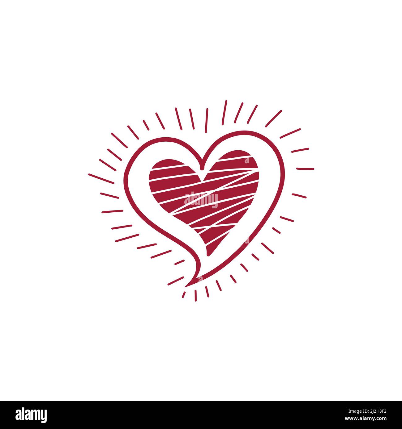 Vector clip art pencil sketch of red heart with rays on white ...