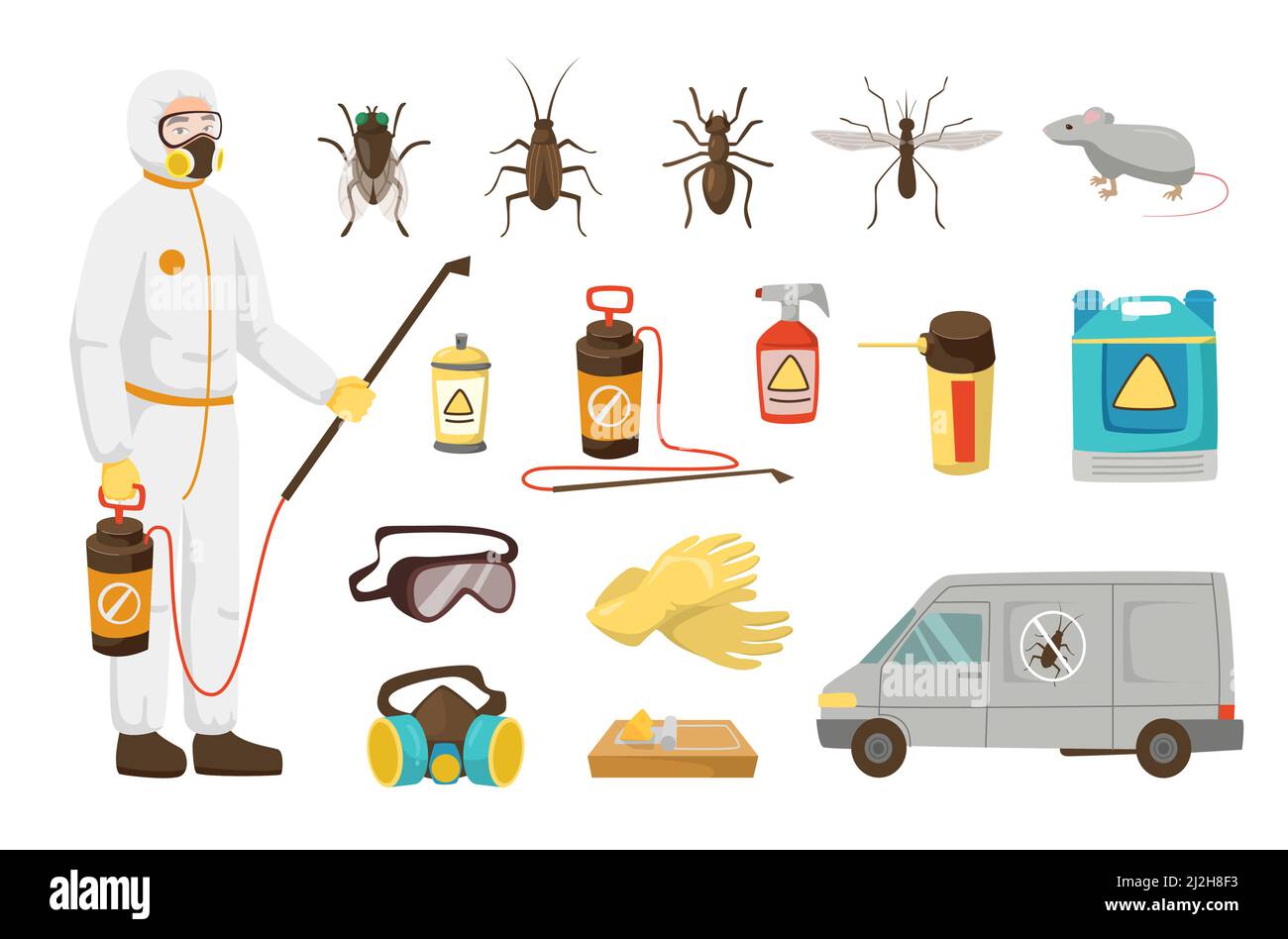Pest control service worker for kids vector illustrations set. Man with ...