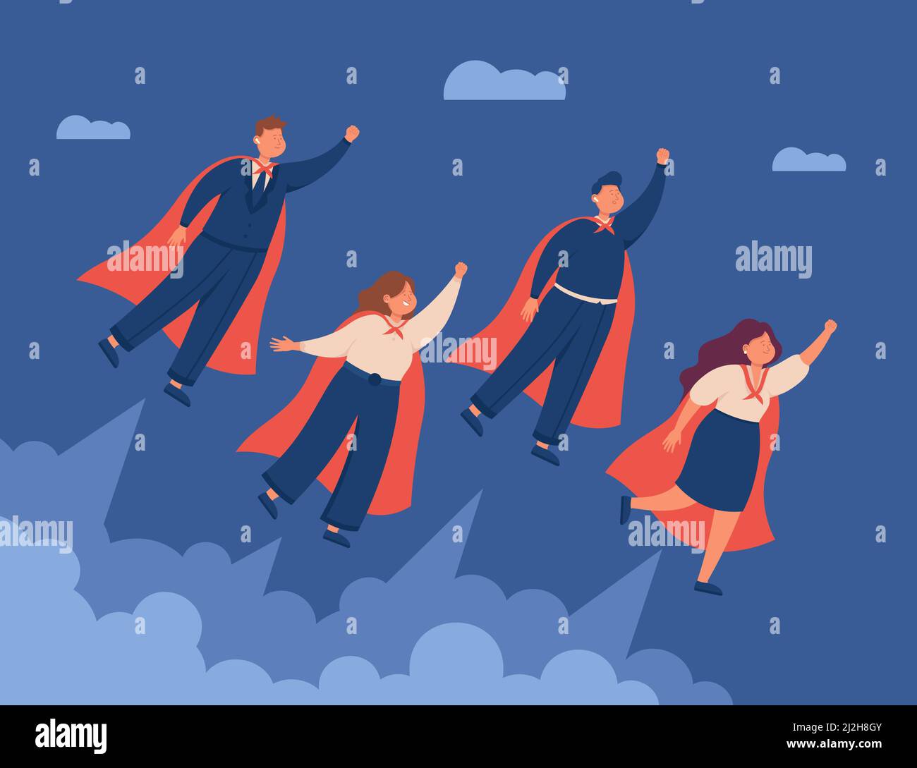 Professional male and female business people flying in capes. Team of ...