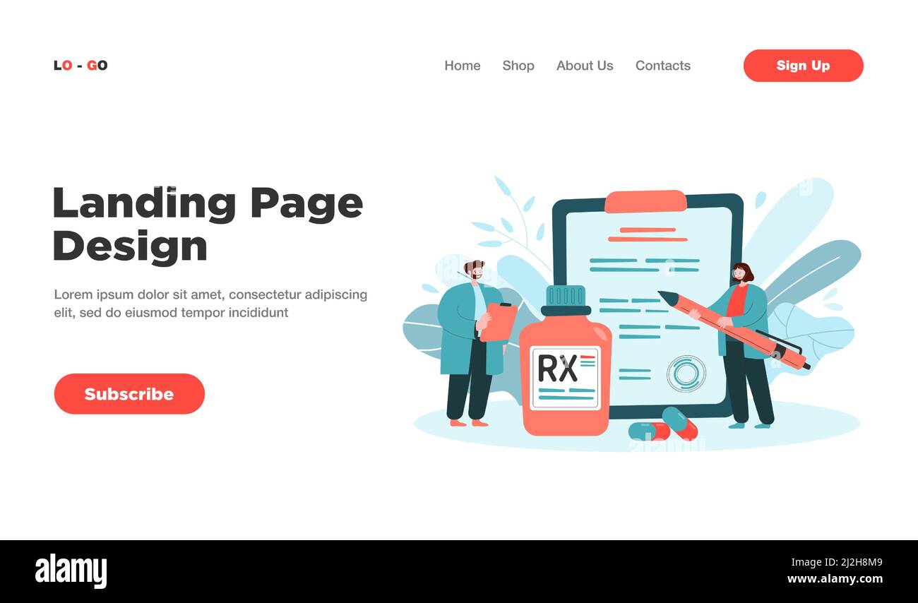 RX prescription flat vector illustration. Cartoon tiny pharmacists ...