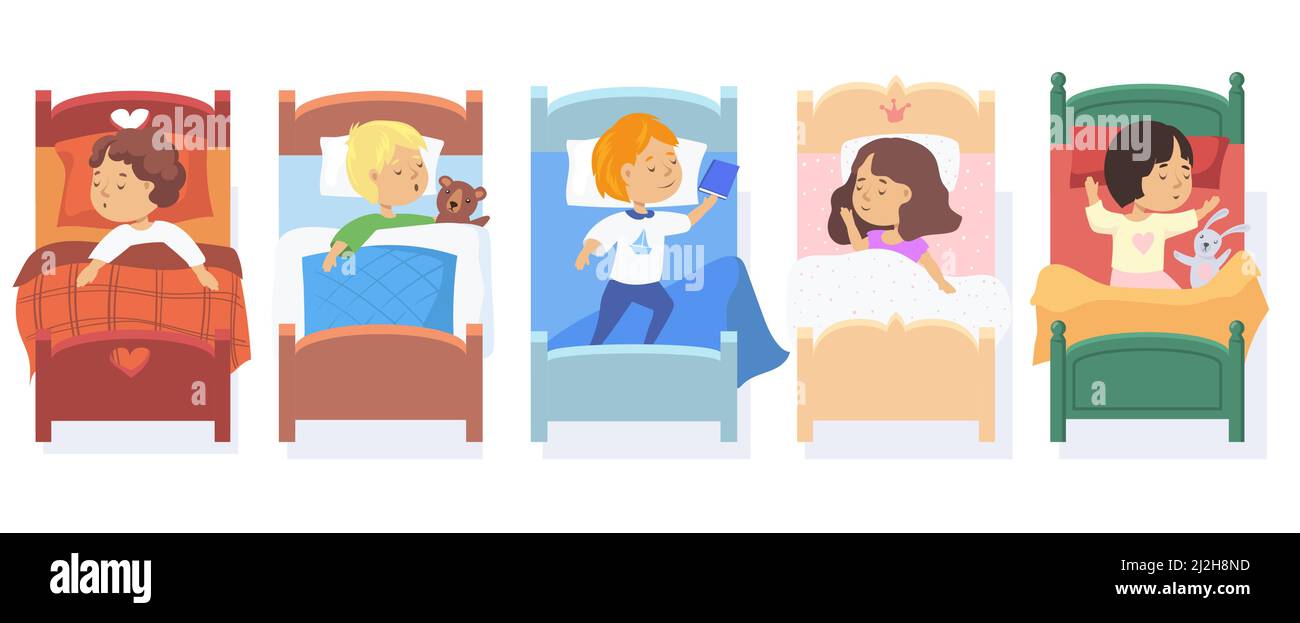 Set of children sleeping in beds. Cartoon vector illustration. Little ...