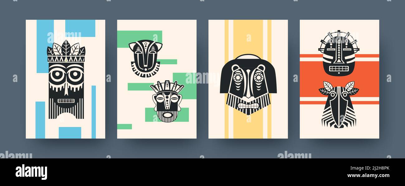 Set of contemporary art posters with African tribal masks. Vector ...