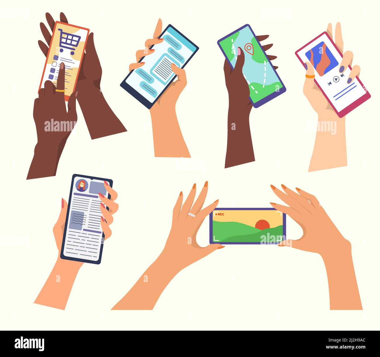 Set of hands holding smartphones. Cartoon vector illustration ...