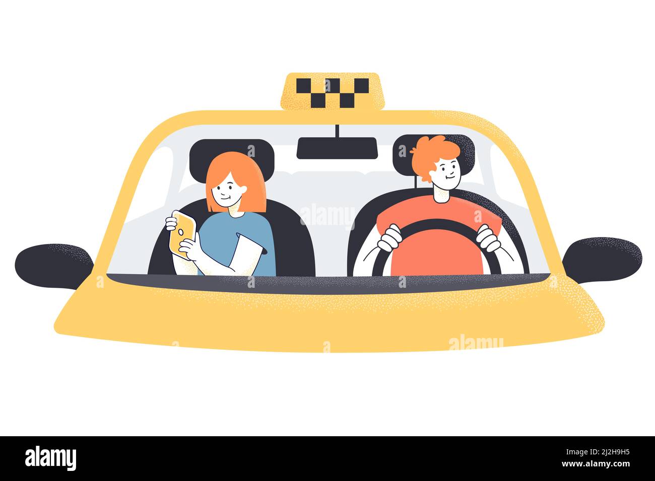 Taxi cab driver and female passenger behind windscreen. Male cartoon ...